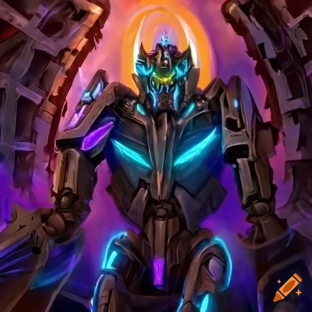 Arch angel transformer with glowing eyes in a fantasy art style on Craiyon