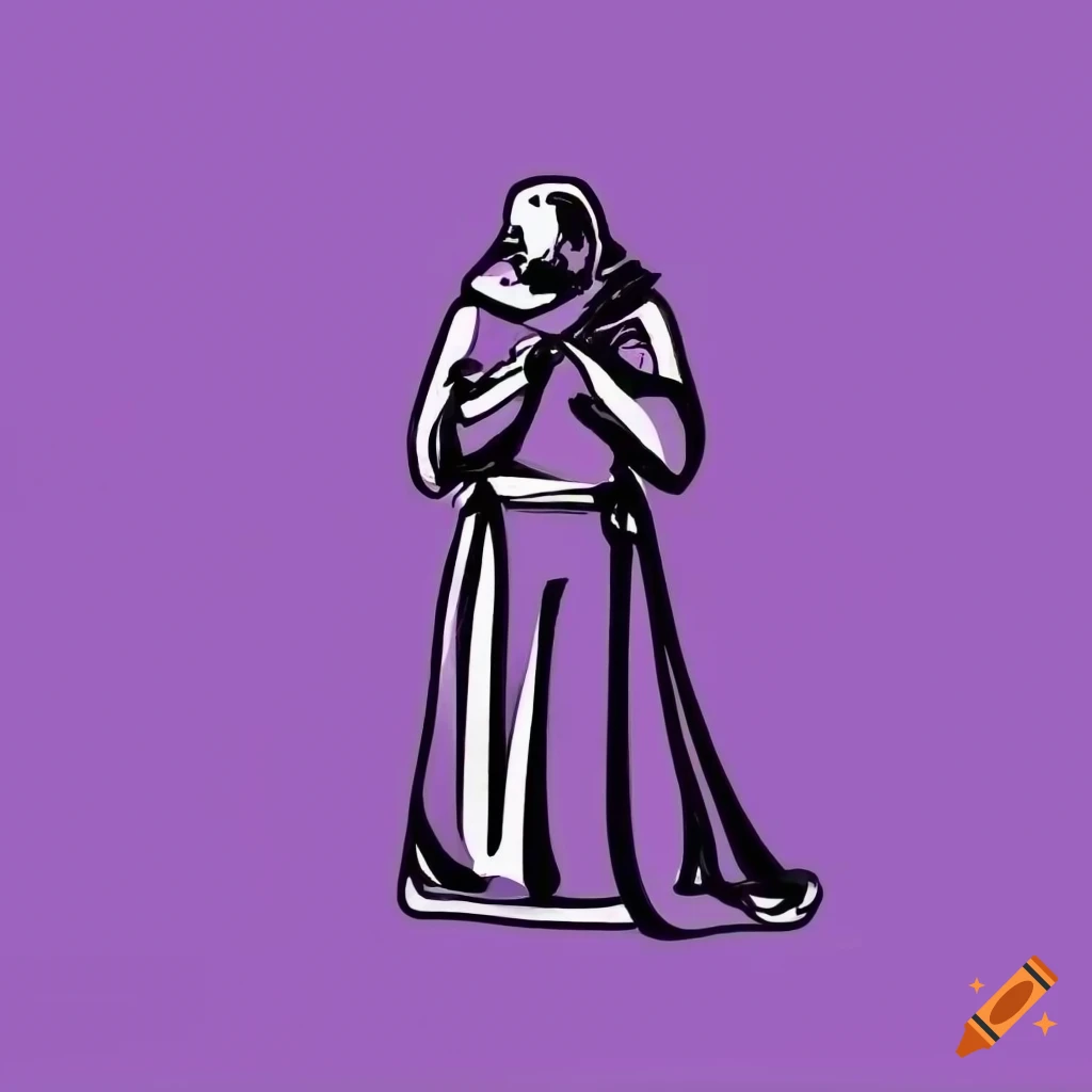 Minimalist line drawing of medieval monk with hearth on cloak in purple ...