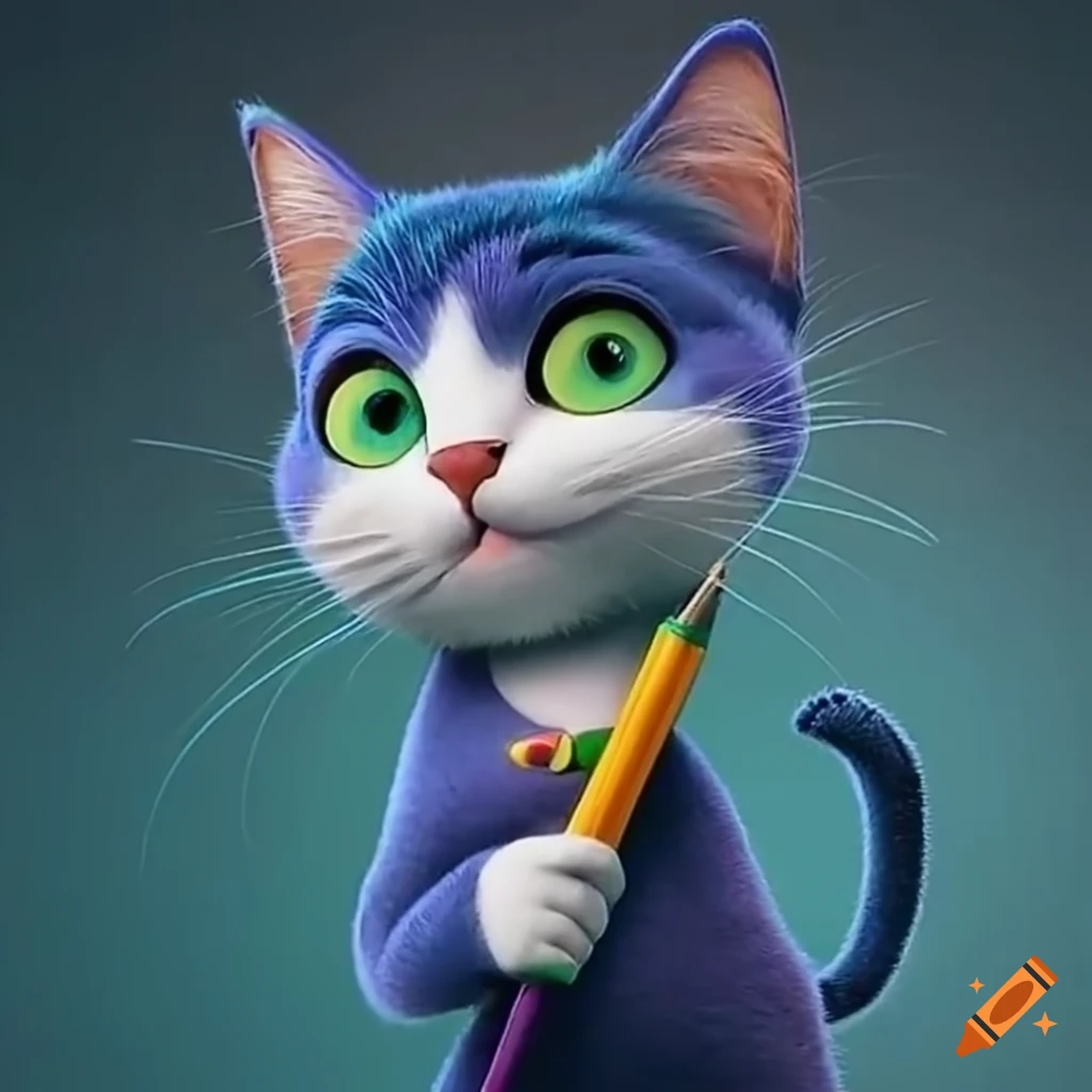 Cat in disney pixar style holding a pencil in its paws on Craiyon