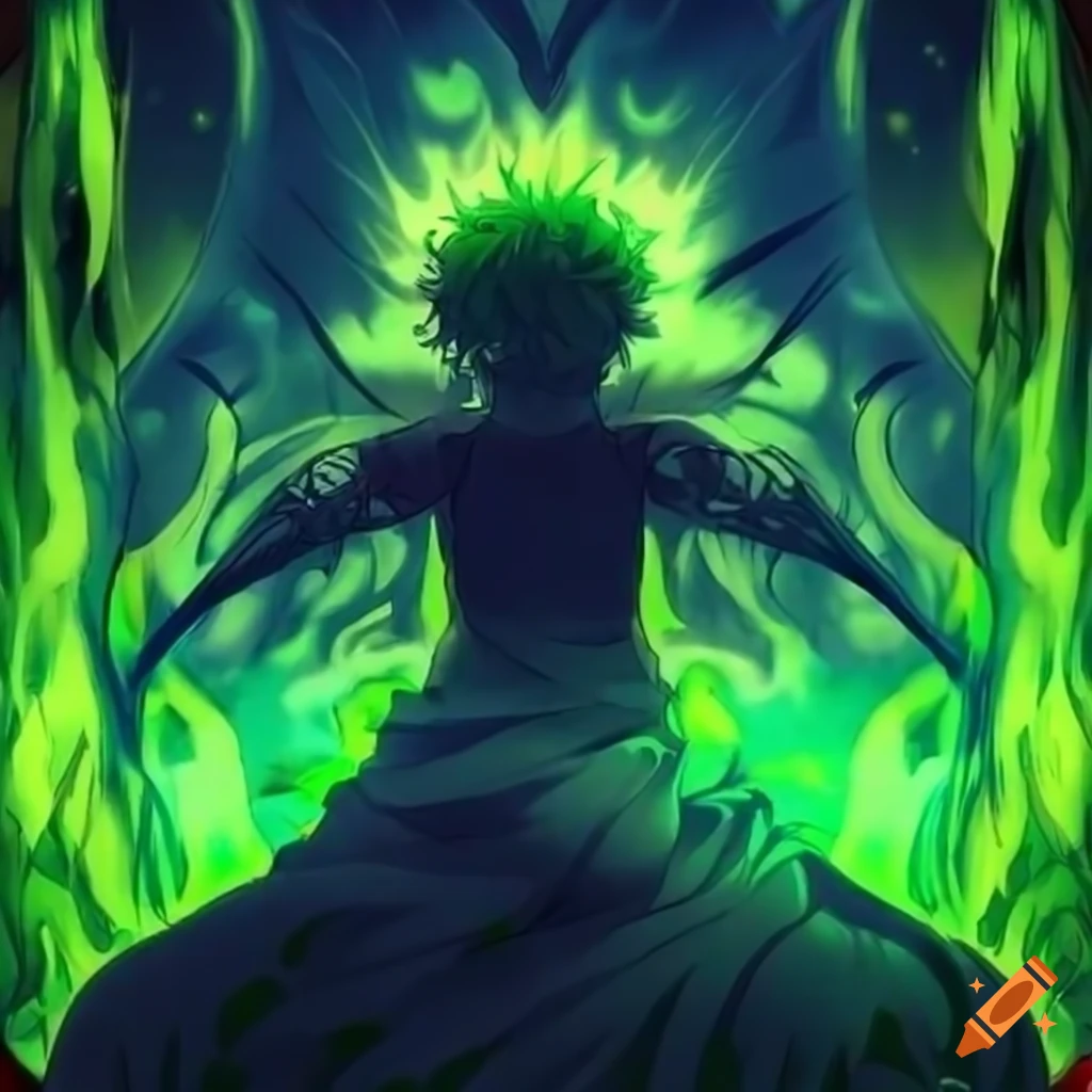 Imposing anime character surrounded by mystical green flames in ...