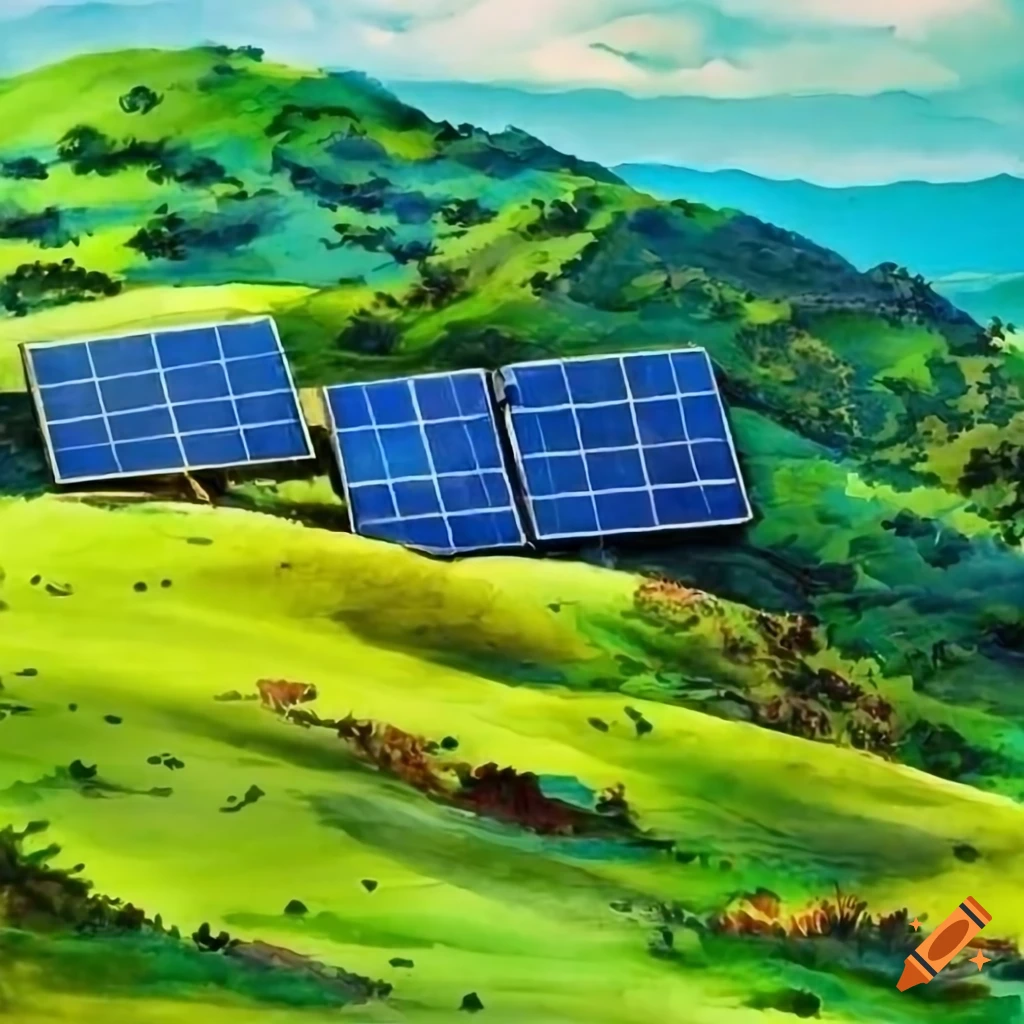 Detailed watercolor painting of solar panels on green hills on Craiyon