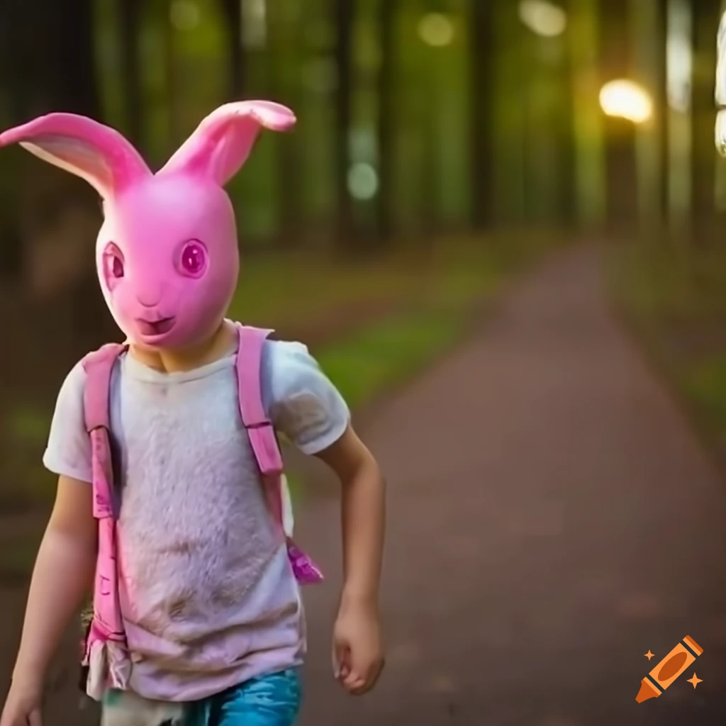 Child with a backpack followed by a pink humanoid rabbit on Craiyon