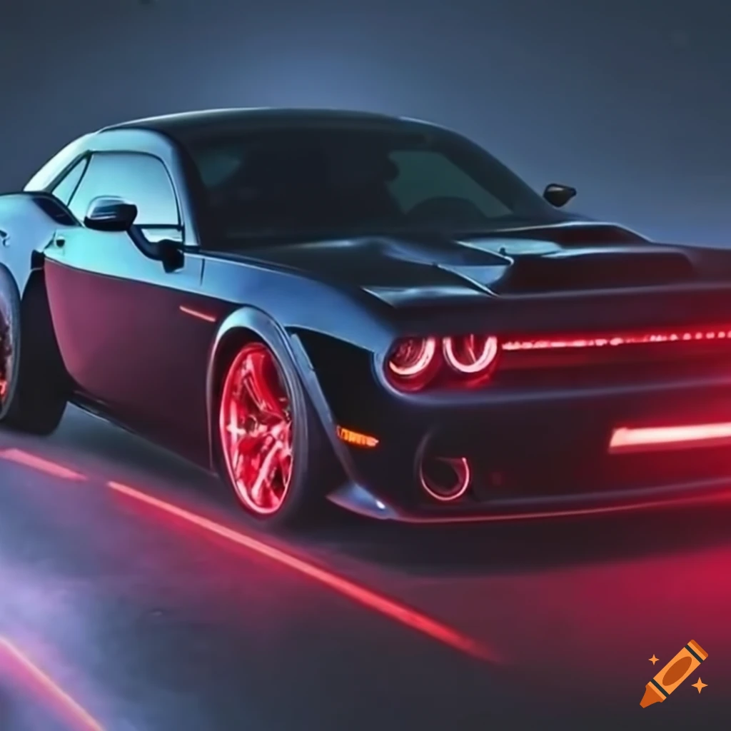 Black hellcat with red underglow in the night on Craiyon