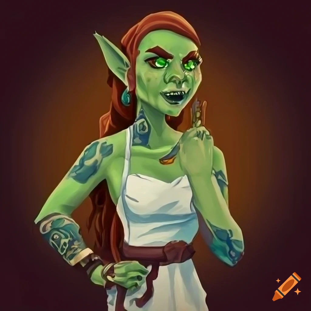 Stylized half-orc female bartender with tattoos and a friendly ...