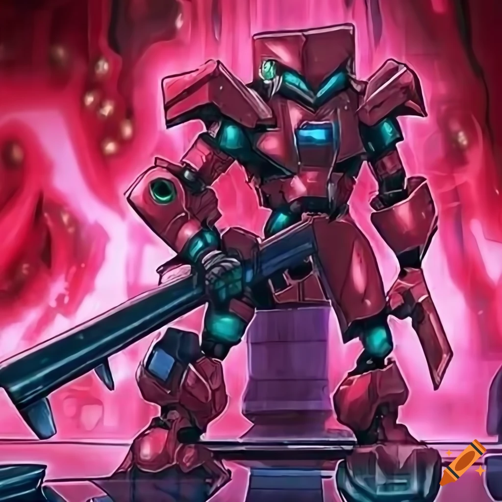 Red futuristic machine soldier in yu-gi-oh card art on Craiyon