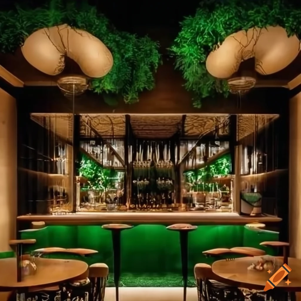 Chic interior design of a sophisticated bar with lush greenery on Craiyon