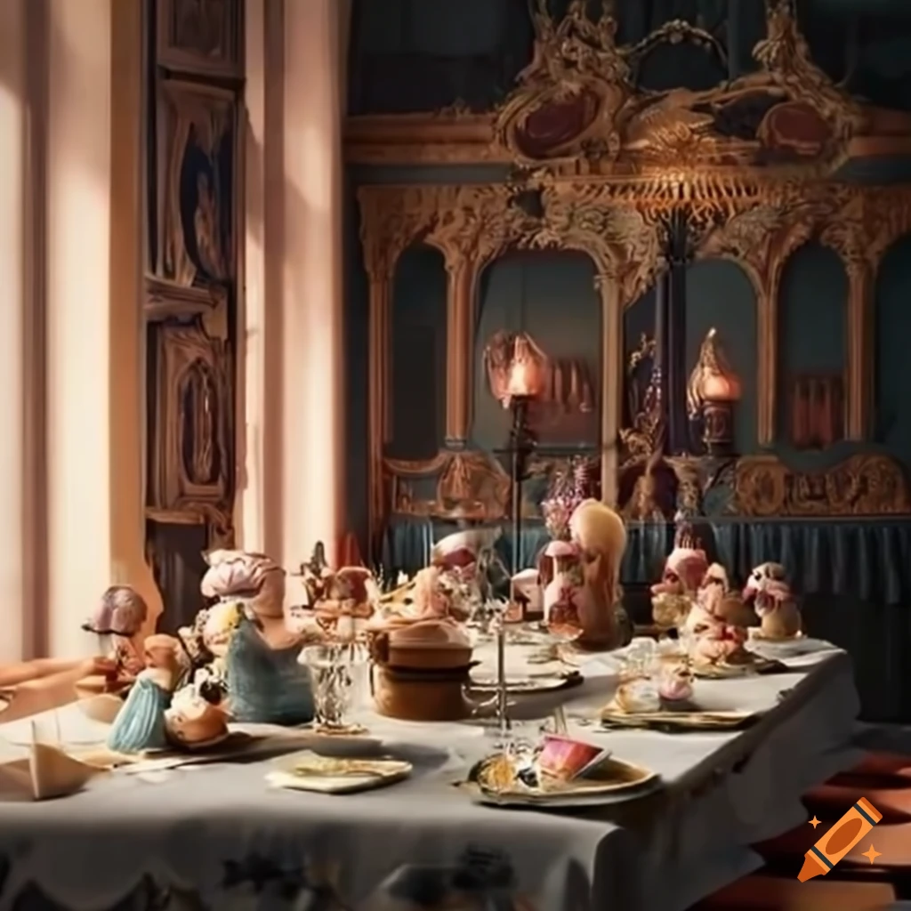 Enormous banquet table filled with food, two chairs in a palace at ...