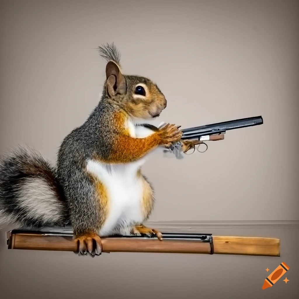 Squirrel holding a shotgun in a plain room on Craiyon