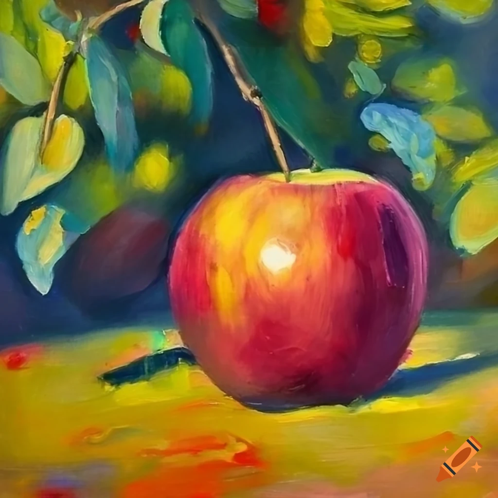 Apples in an orchard painted in oil on Craiyon