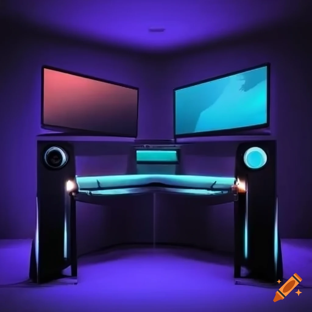 Gaming setup with dual desks, triple monitors, and speakers in a room ...