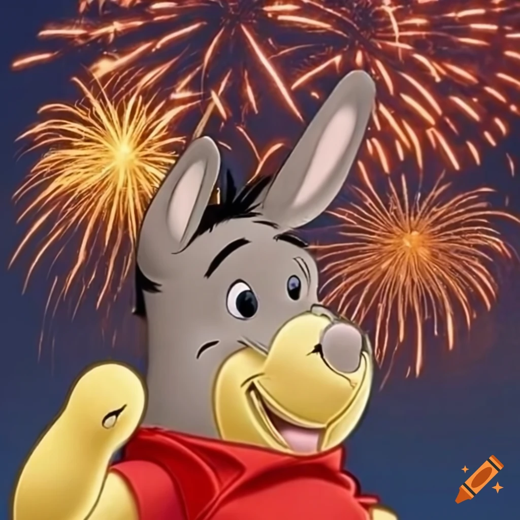 Winnie the Pooh and friends reunion party with donkey and fireworks on ...