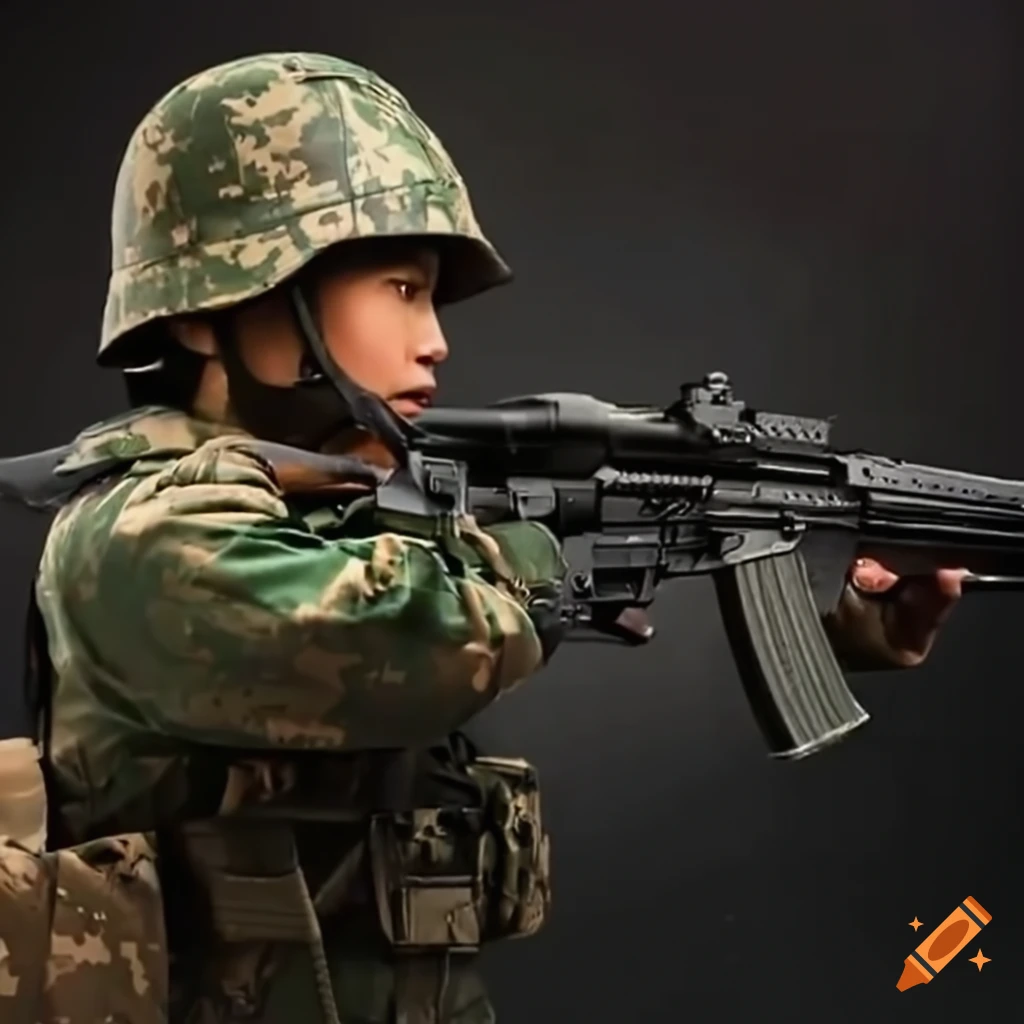 Chinese military soldier with rifle ready to fire on Craiyon