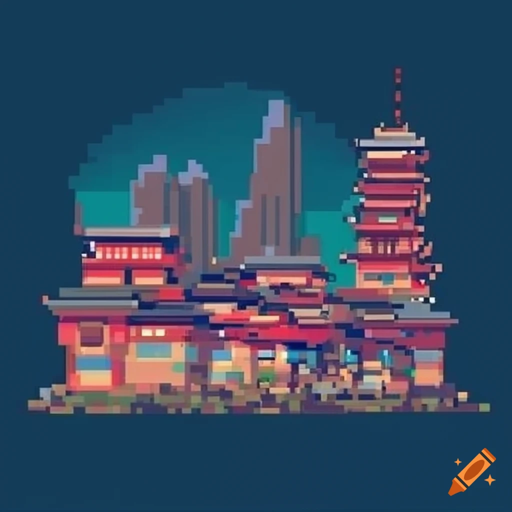 Retro Japanese city in pixel art style with grid overlay on Craiyon
