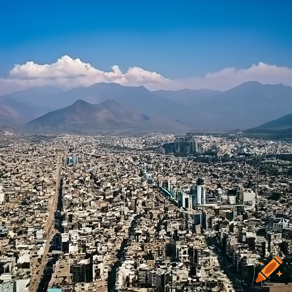 Aerial view of a pakistani mountain city with skyscrapers and mountains ...