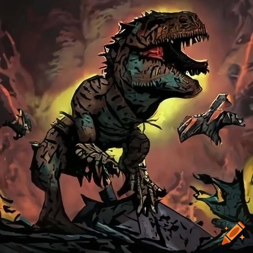 Deadly velociraptor dinosaur in a fantasy battle scene on Craiyon