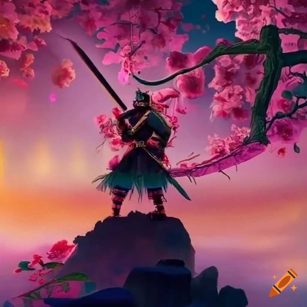 Samurai among swirling chinese pink flowers facing a fortress on the ...