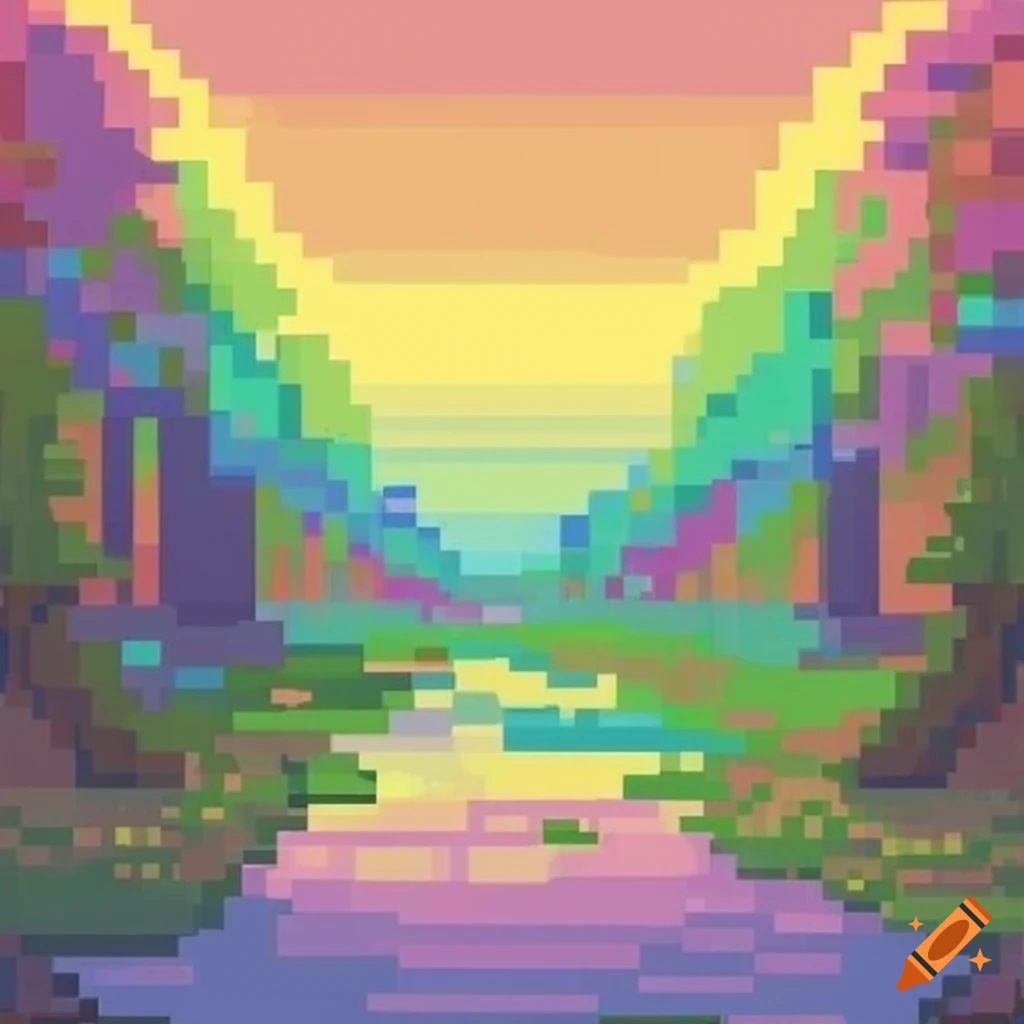 Detailed pixel art of a river in a rainbow forest on Craiyon