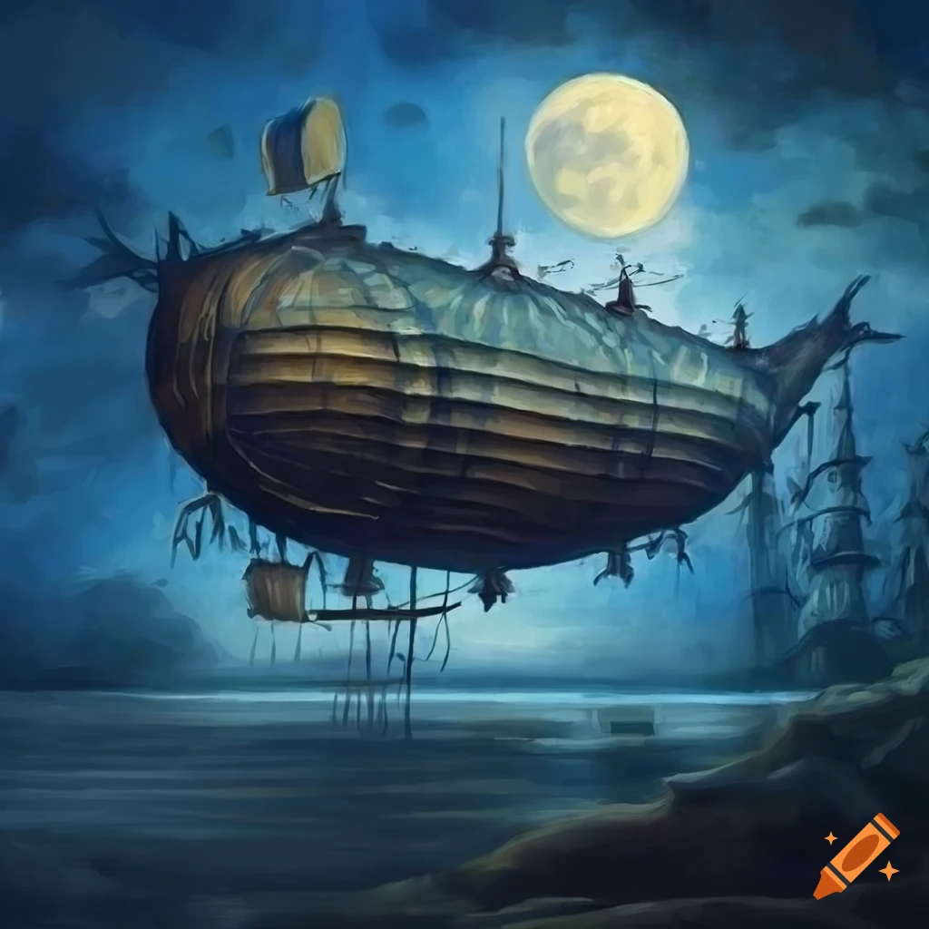 Detailed magic airship with lights in windows in a moonlit night on Craiyon
