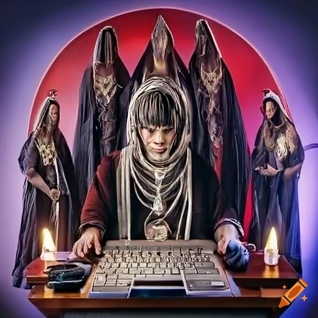 Four wizards using a computer on Craiyon