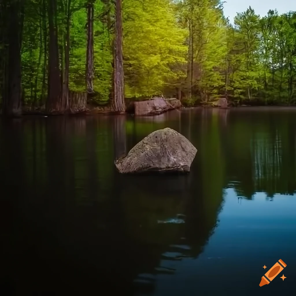 Lake with trees, rocks, and small planet in the sky on Craiyon