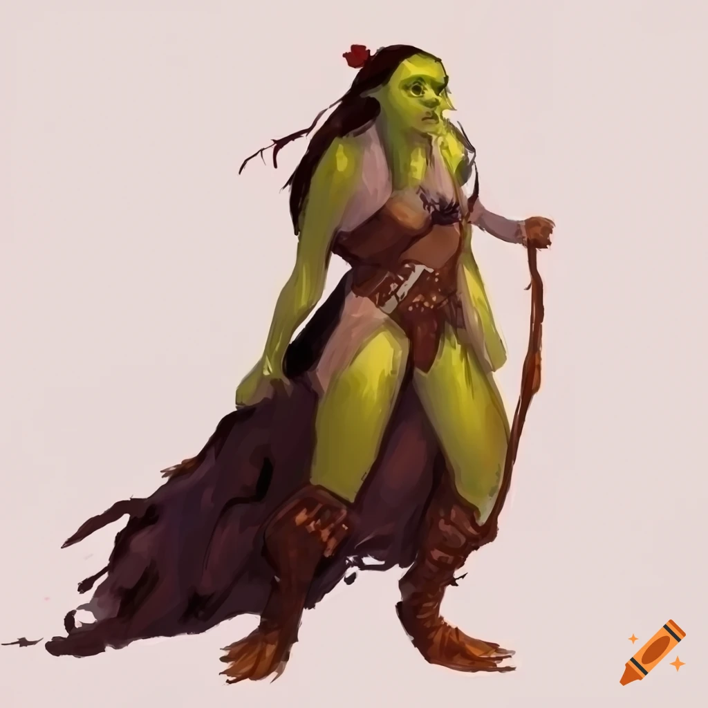 Friendly lady ogre walking barefoot in a fantasy land with impasto ...