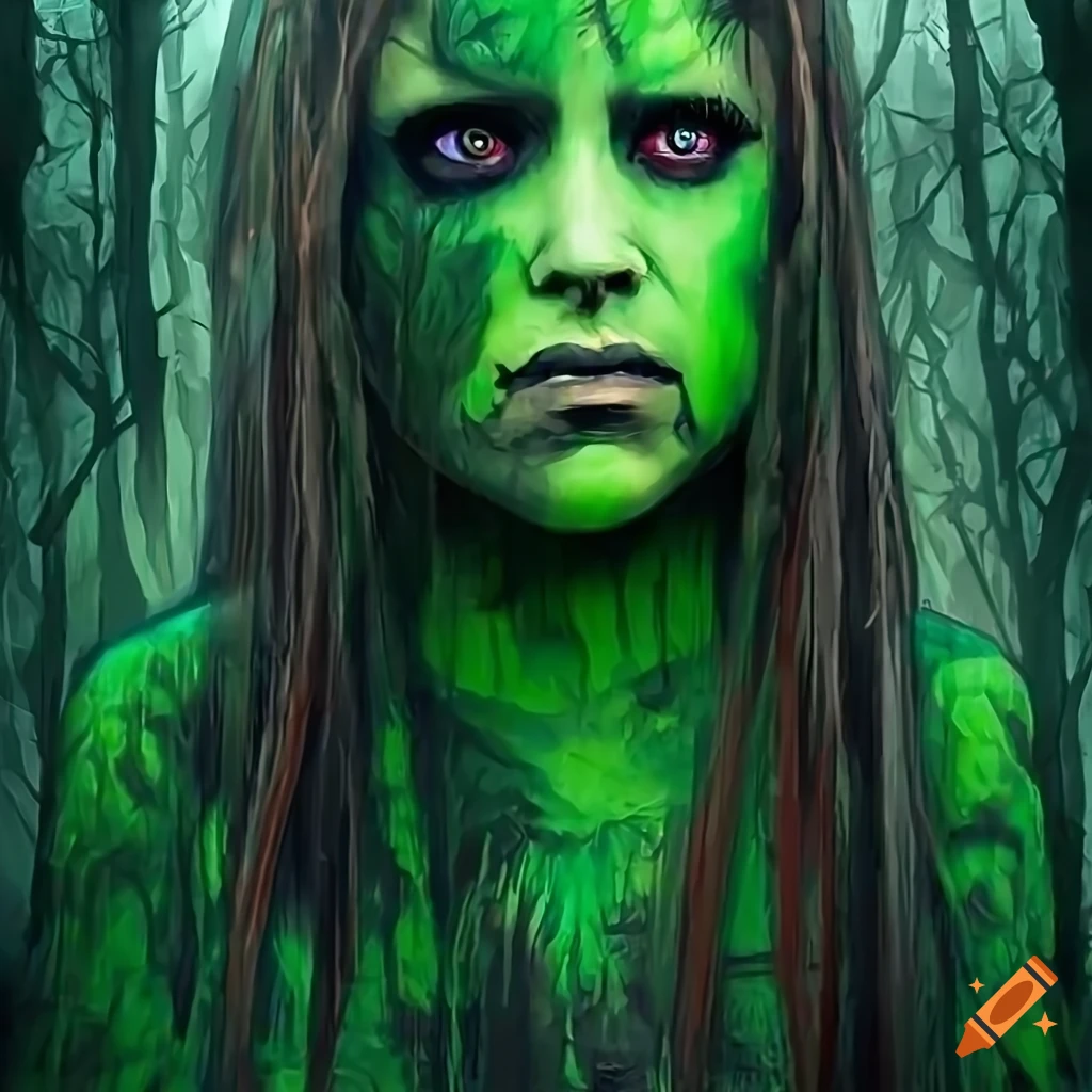 Green evil swamp-dwelling woman in ragged clothes in the forest on Craiyon