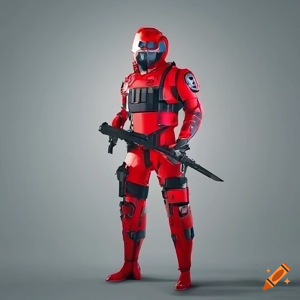 Sci-fi cyber SWAT officer in red wielding a sword in a white room on ...