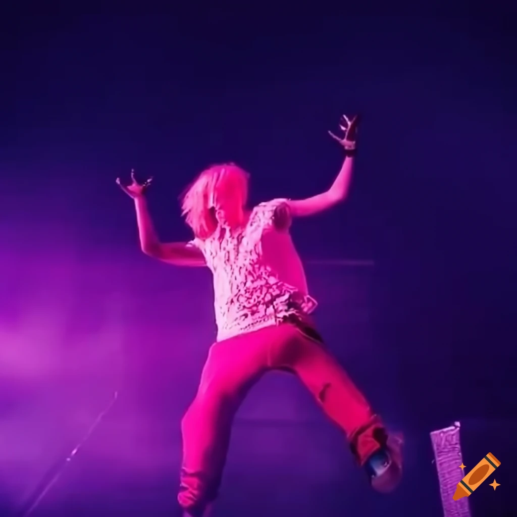 Emo robot male rapper with black and pink hair jumping at a punk ...