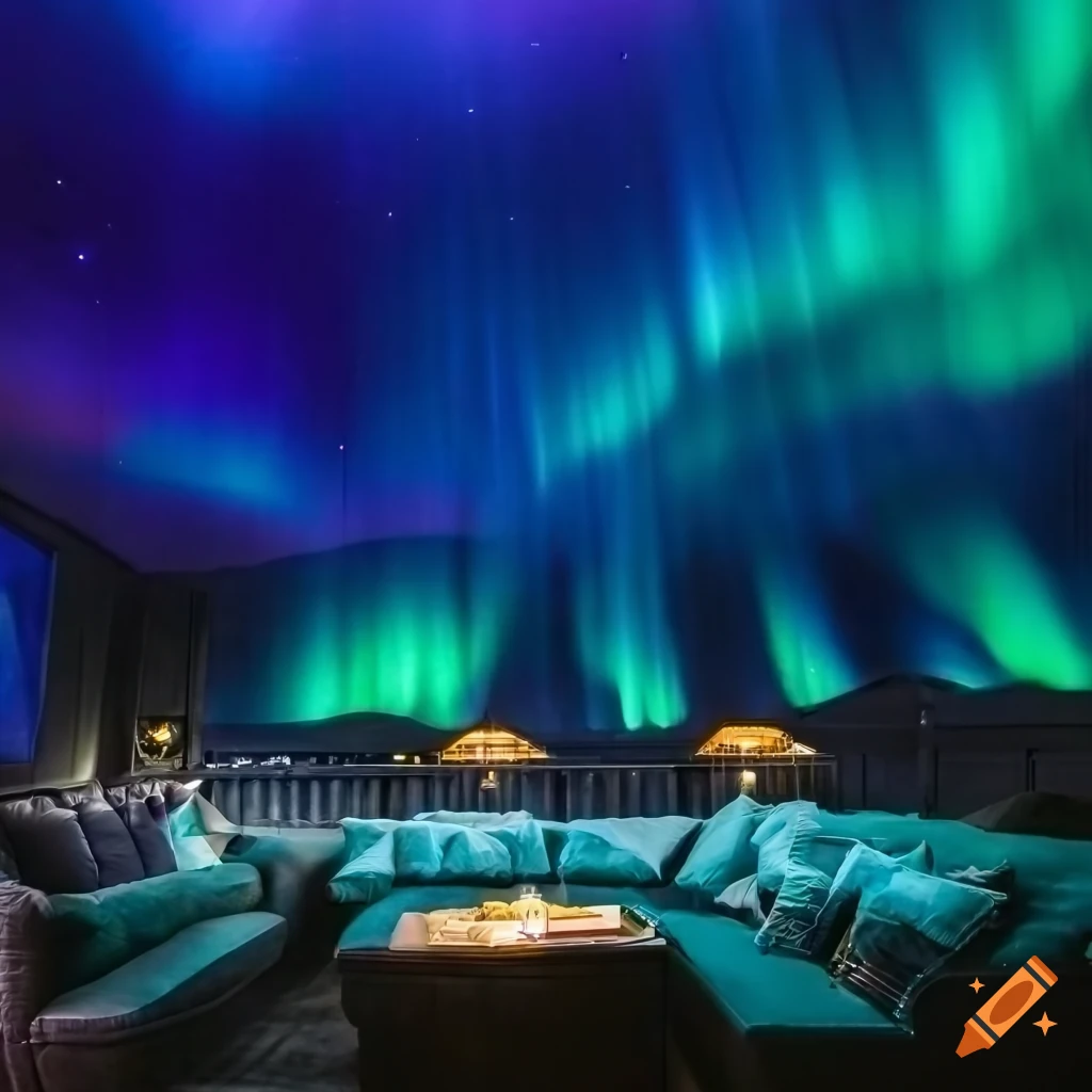 Northern lights themed living room with cosmic lighting on Craiyon