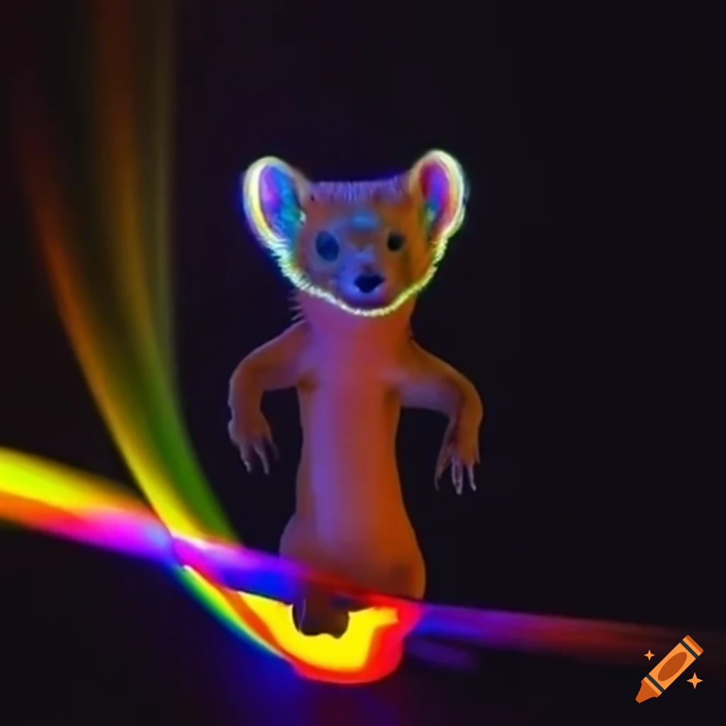 Colorful weasel with light beams radiating from its body on Craiyon