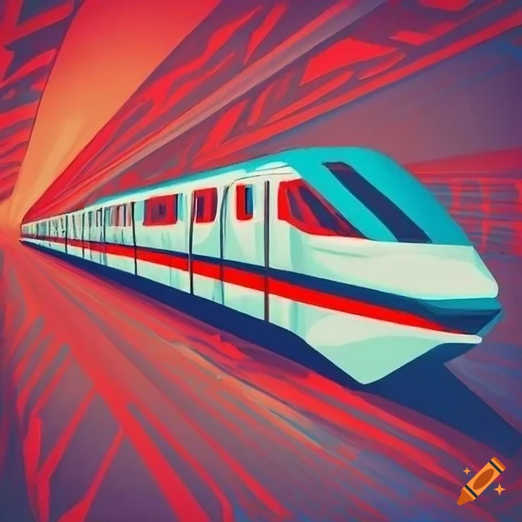 Stylized vibrant speed train monorail in red and white on Craiyon