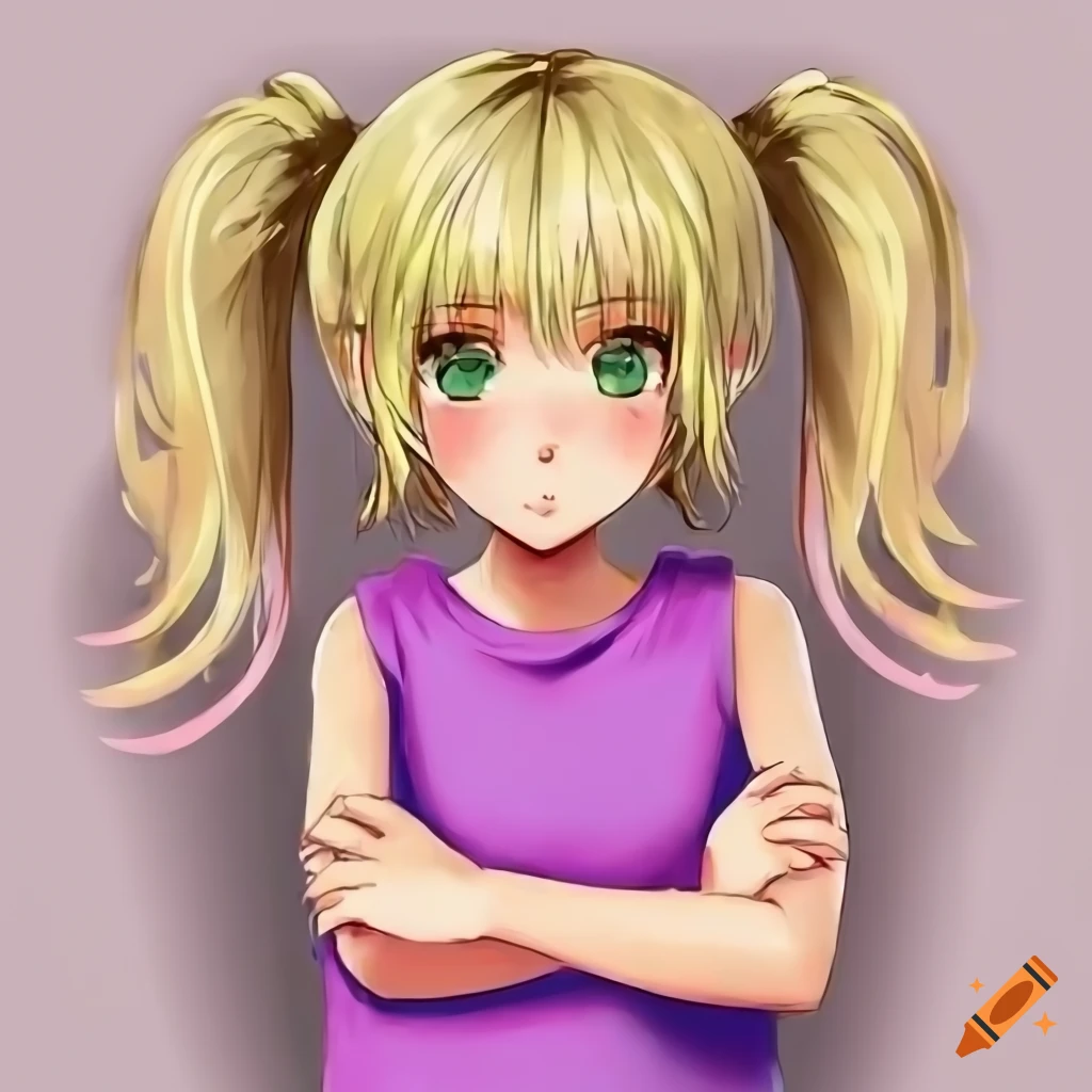 Anime Girl With Blonde Hair And Green Eyes In A Pink Sleeveless Shirt