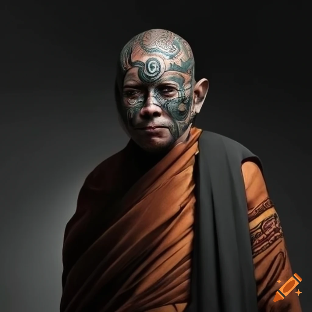 Buddhist monk in black robes with Maori tattoos on Craiyon