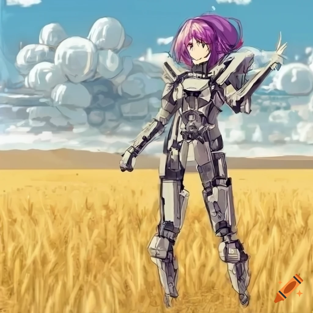 Anime woman with galaxy hair in mech armor standing in a wheat field ...