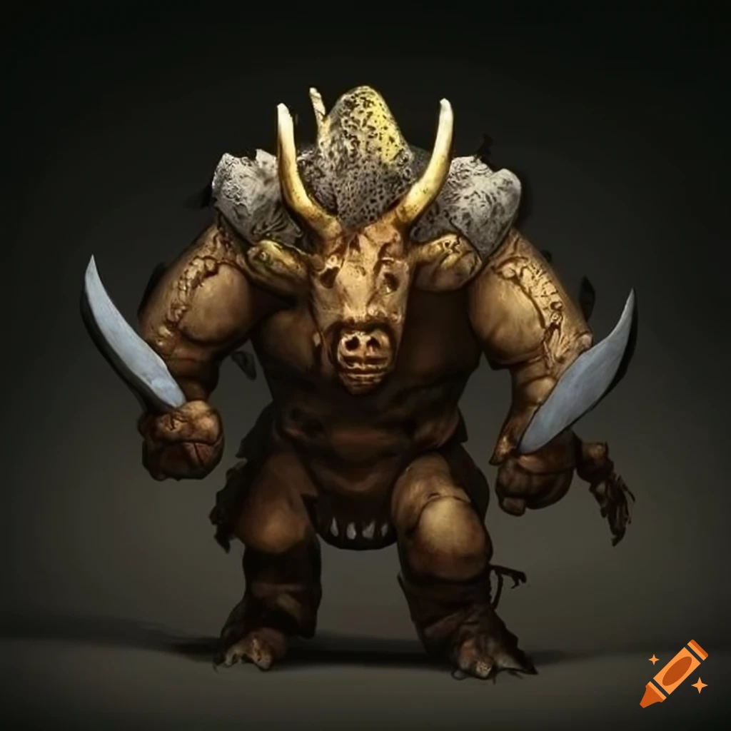 Four armed turtle with bull horns holding battle axes on Craiyon