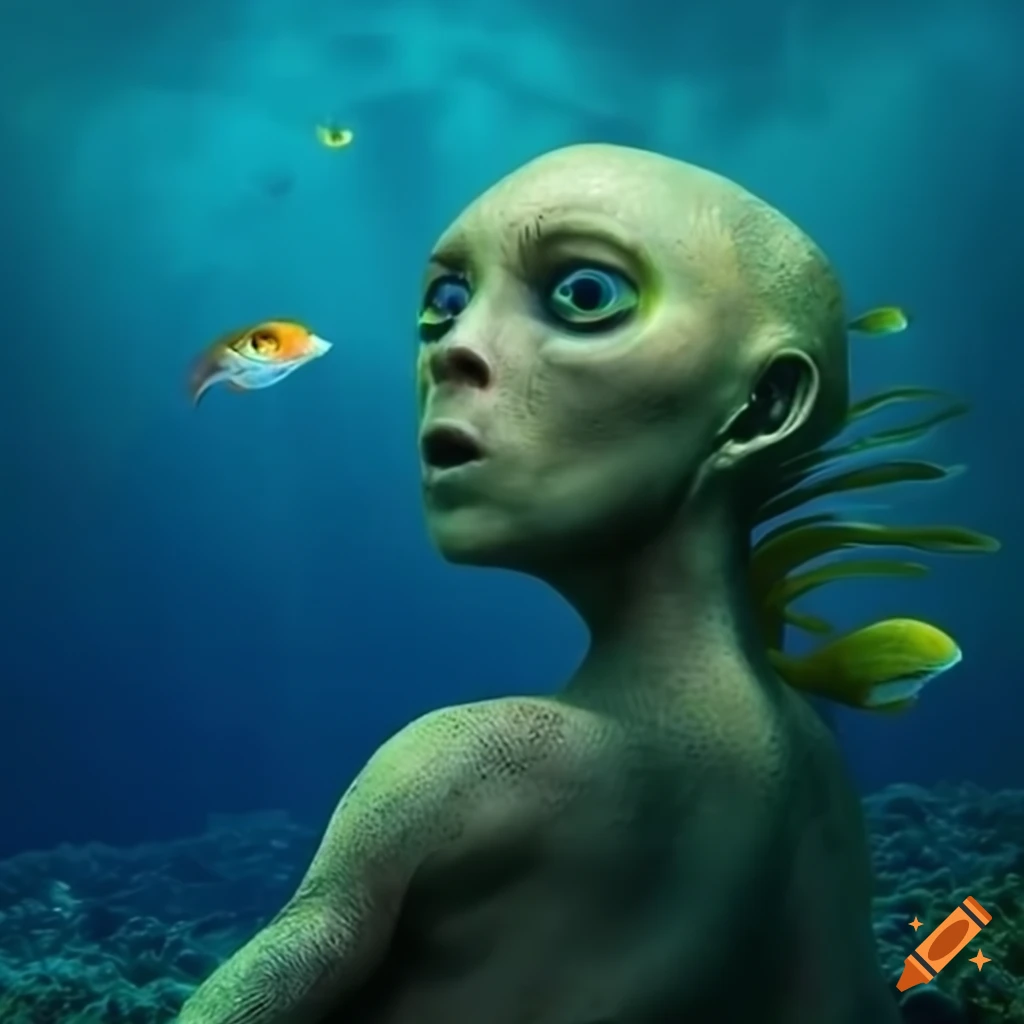 Human-like alien underwater with a colorful fish on Craiyon