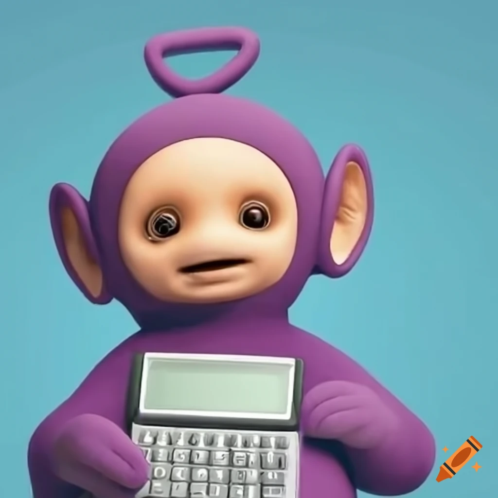 Grey teletubby with an accountant hat holding a calculator on Craiyon