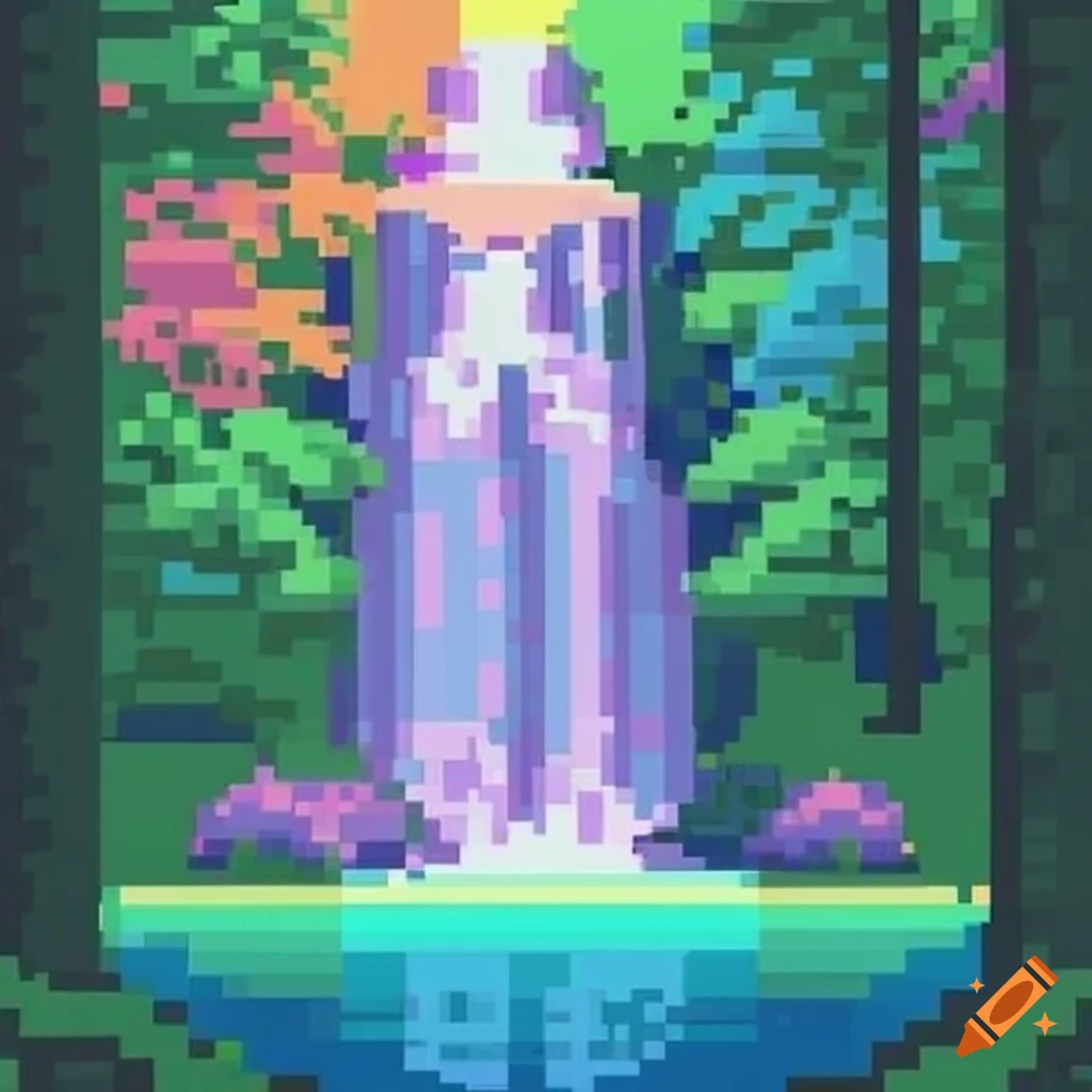 Highly detailed pixel art of a rainbow waterfall in the forest on Craiyon