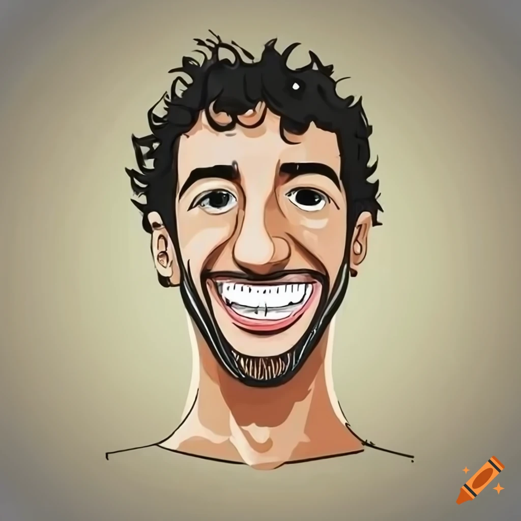 Front-facing simple cartoon of daniel ricciardo in black and white on ...