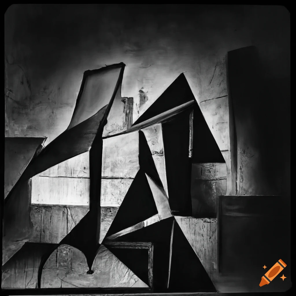 Surrealistic cubism with black and white doodles and red, yellow ...