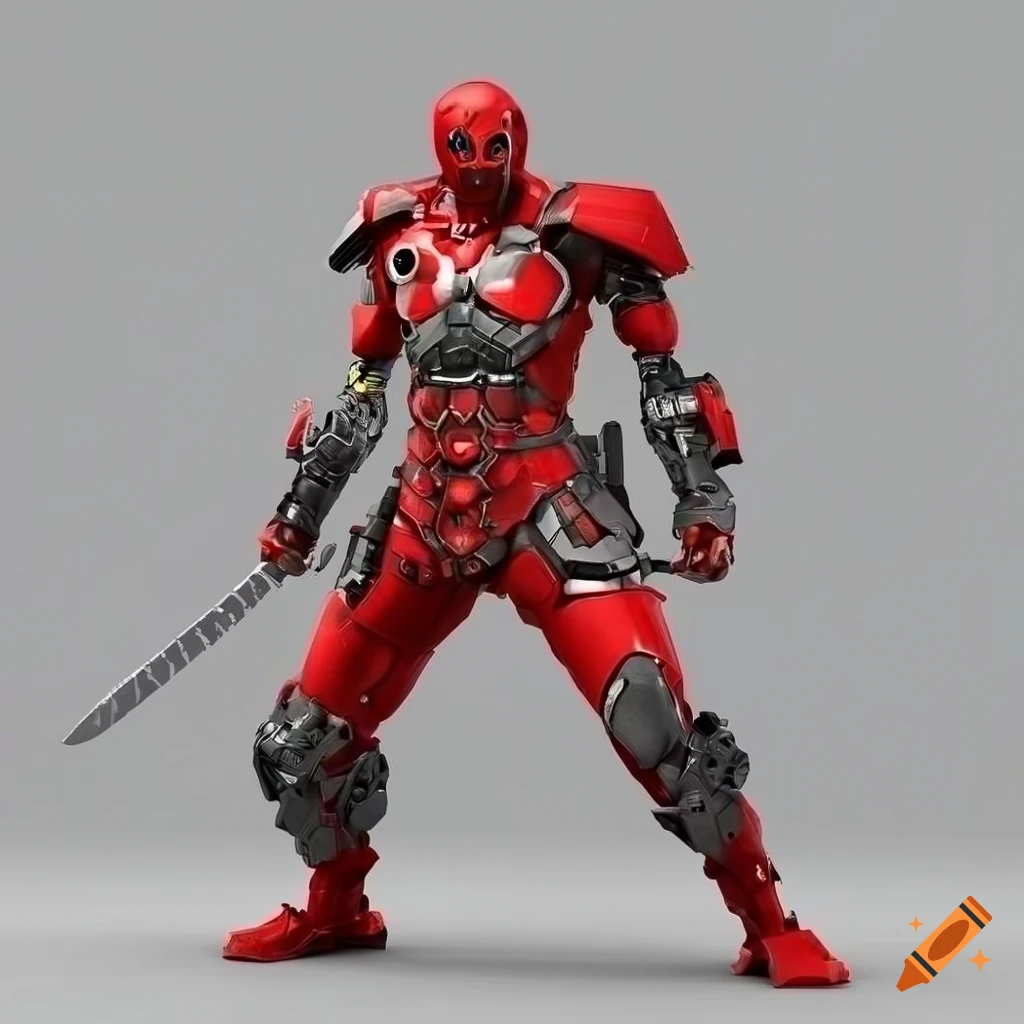 Cyborg swordsman in red against white background on Craiyon