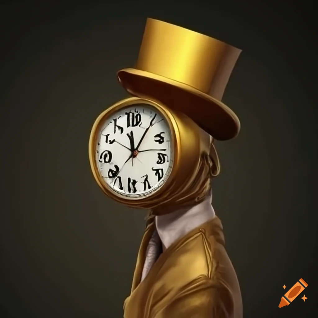 Man with clock head, golden top hat, and clothes on Craiyon