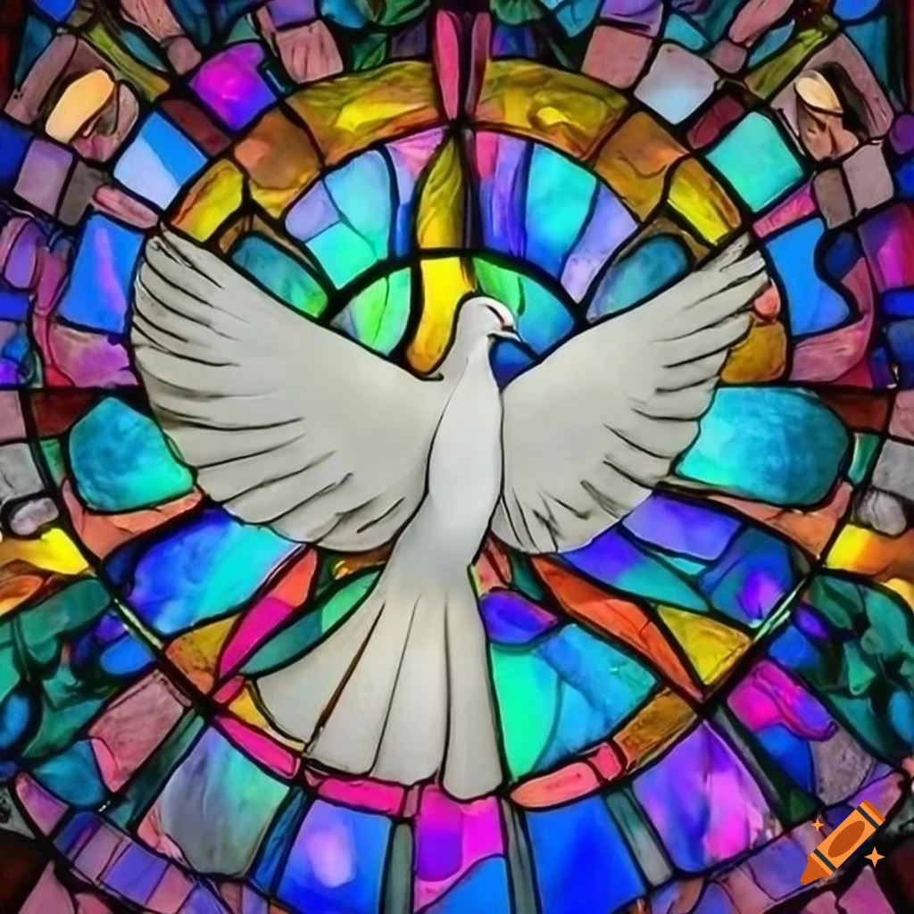 Stained glass window depicting holy spirit as a luminous dove on Craiyon