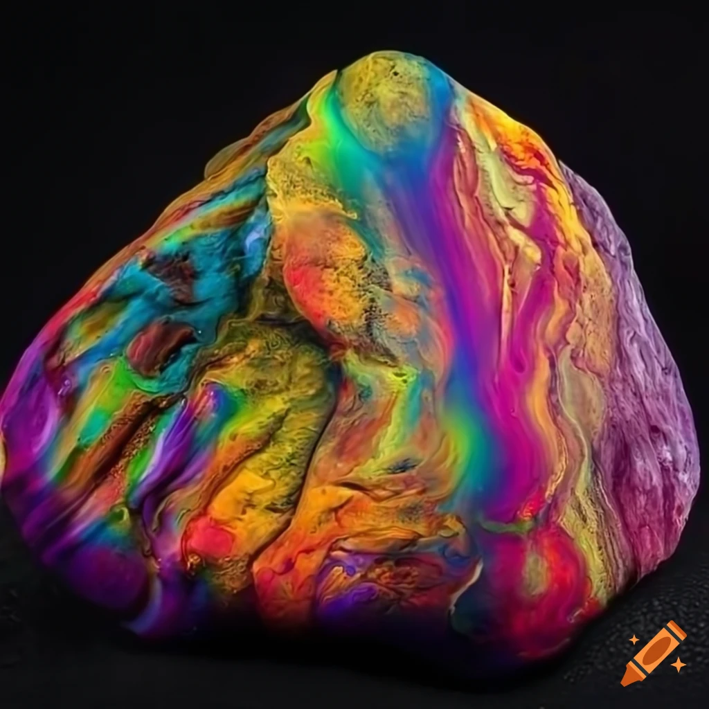 Psychedelic colorful boulder in a surreal setting on Craiyon