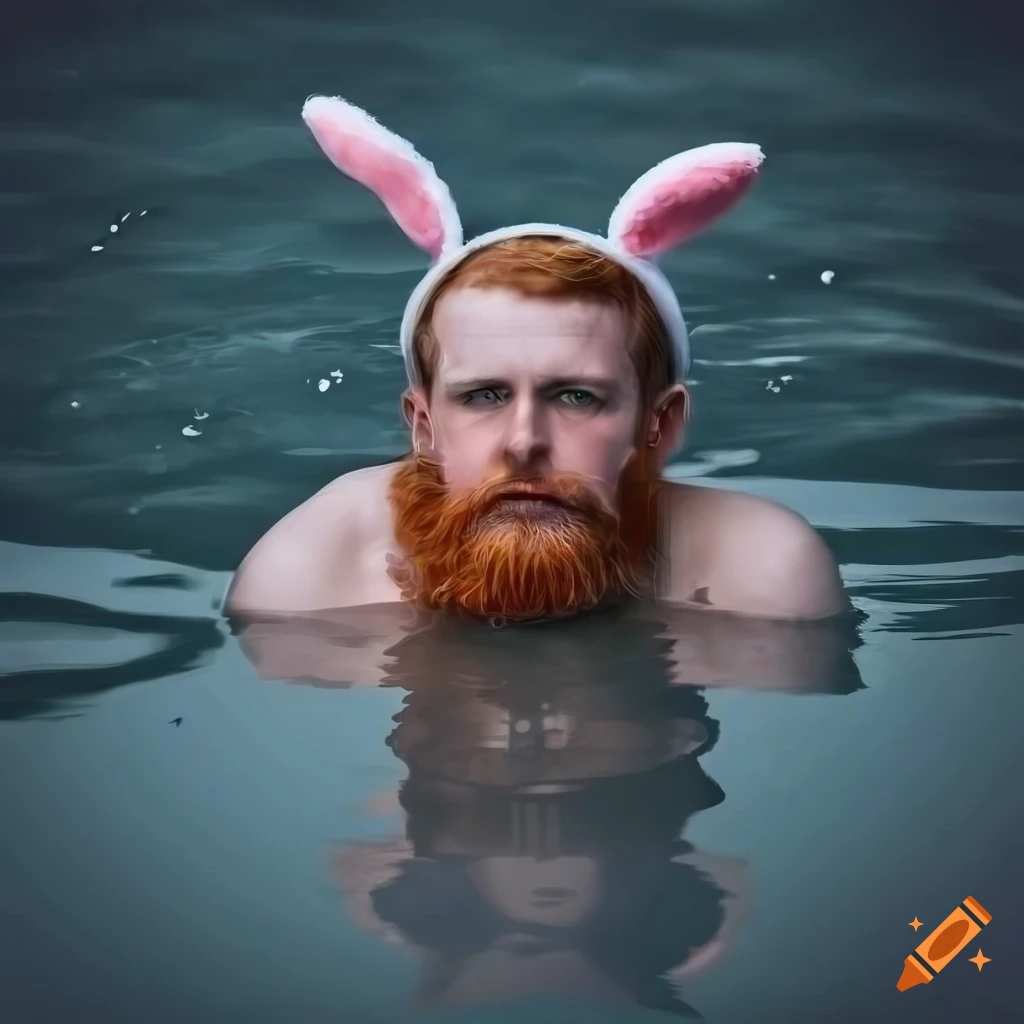 Dark fantasy of ginger haired man with bunny ears swimming in silver ...