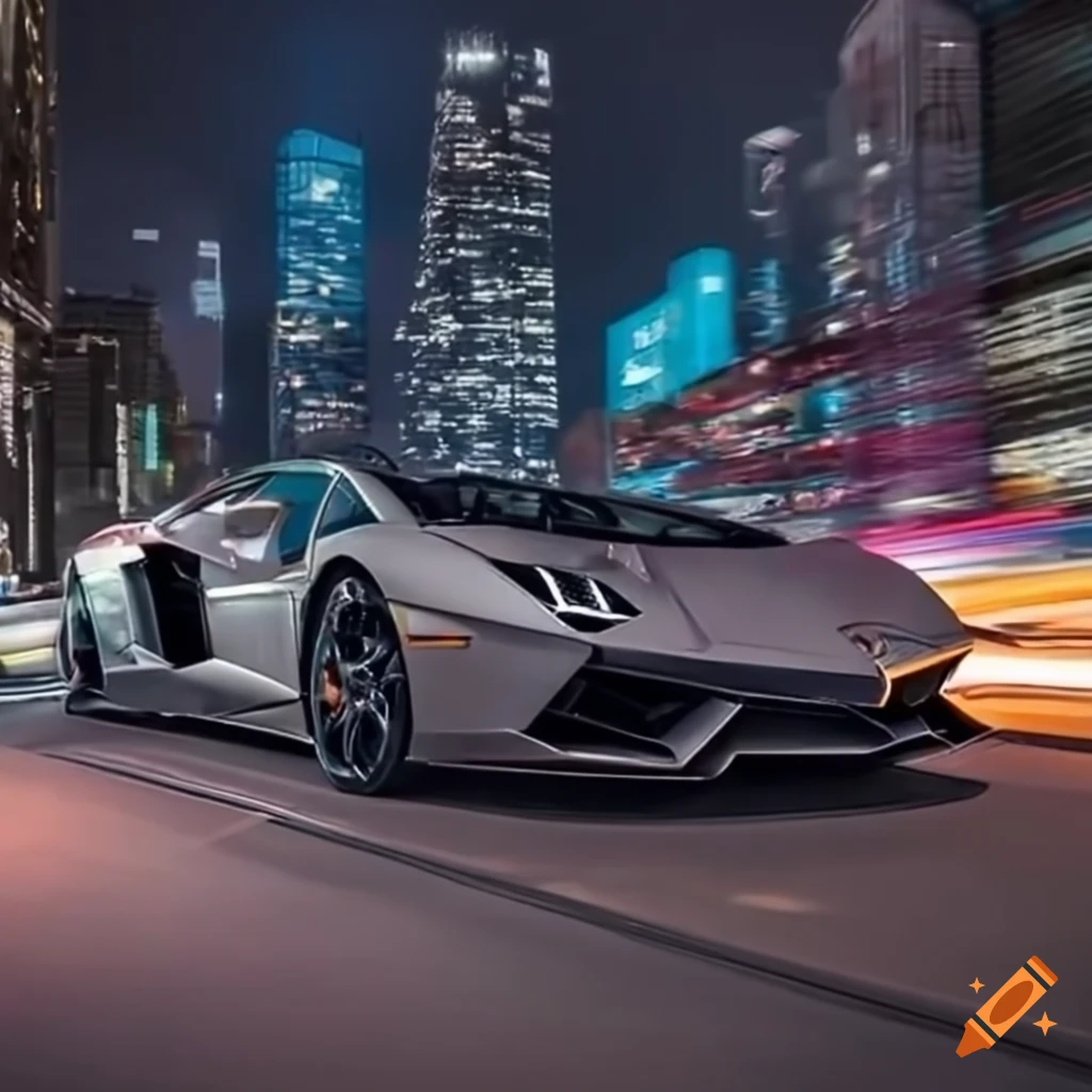 Lamborghini aventador in a city at night on Craiyon