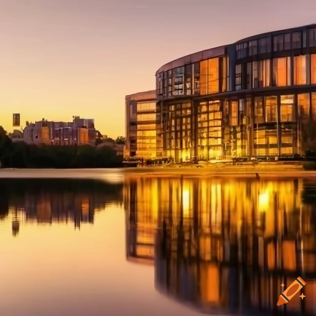 Modern university campus at sunset with a lake in the foreground in HD ...
