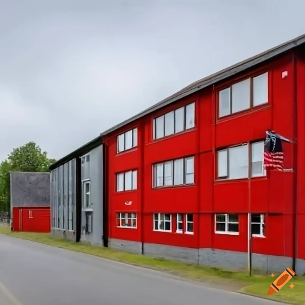Two-storey school buildings with a grey yard in between on Craiyon