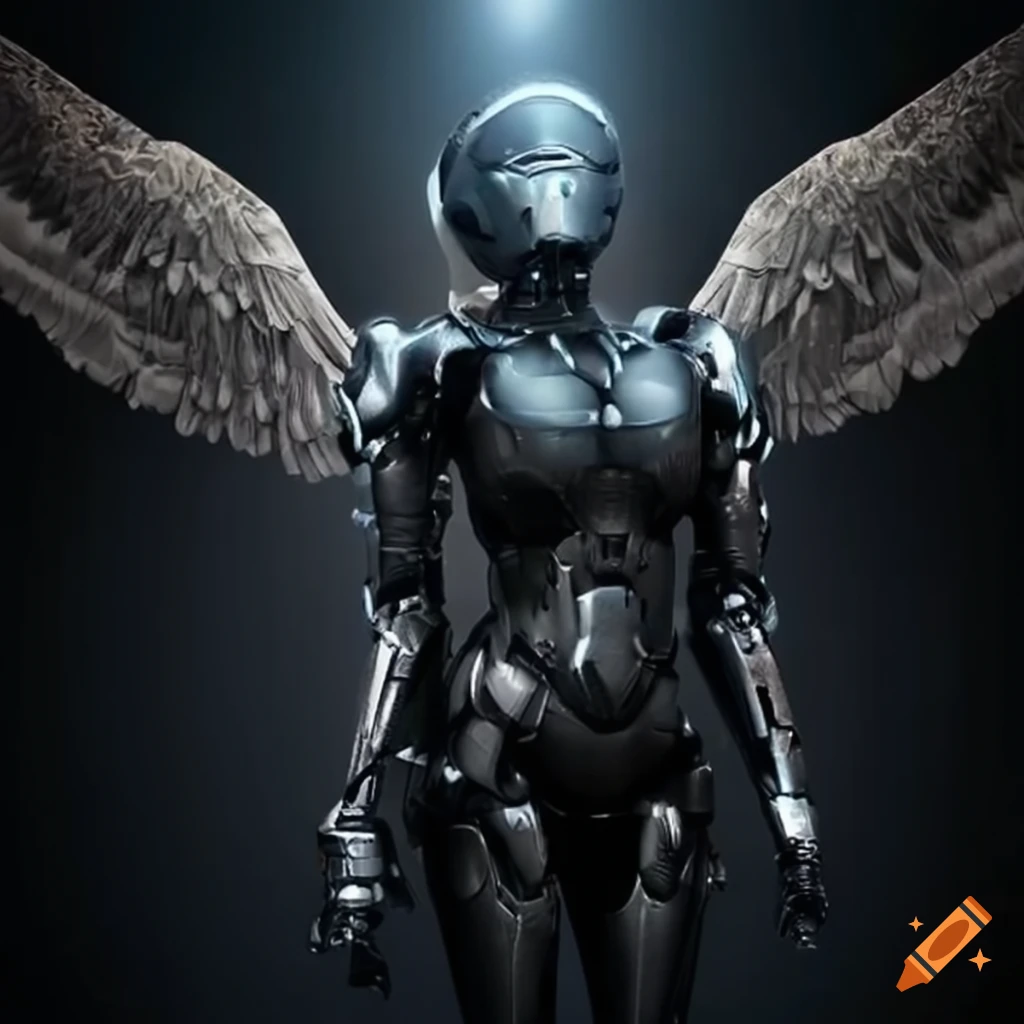 Robotic angel in black armor on Craiyon