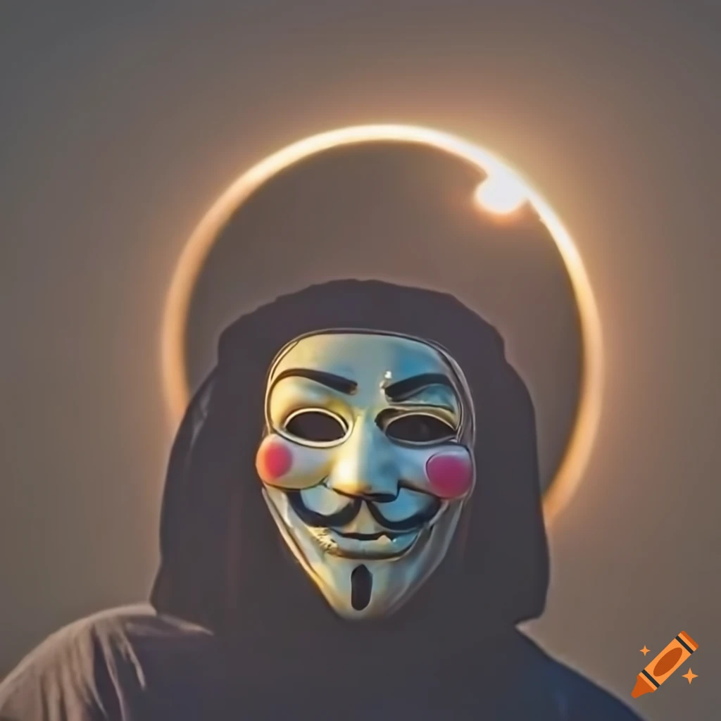 Total solar eclipse with a man in a Guy Fawkes mask watching with ...